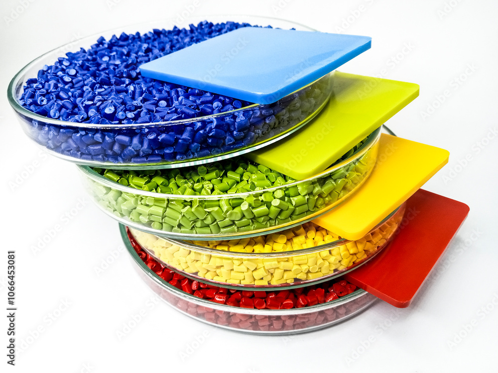 Plastisc masterbatch granules with colorchip isolated on a white ...