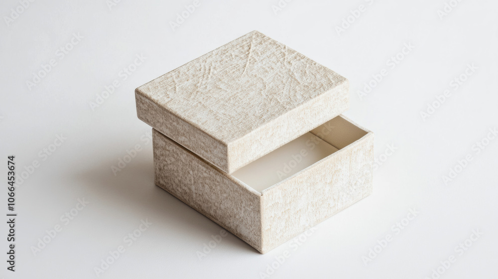 textured, white box with lid slightly ajar, revealing an empty interior ...