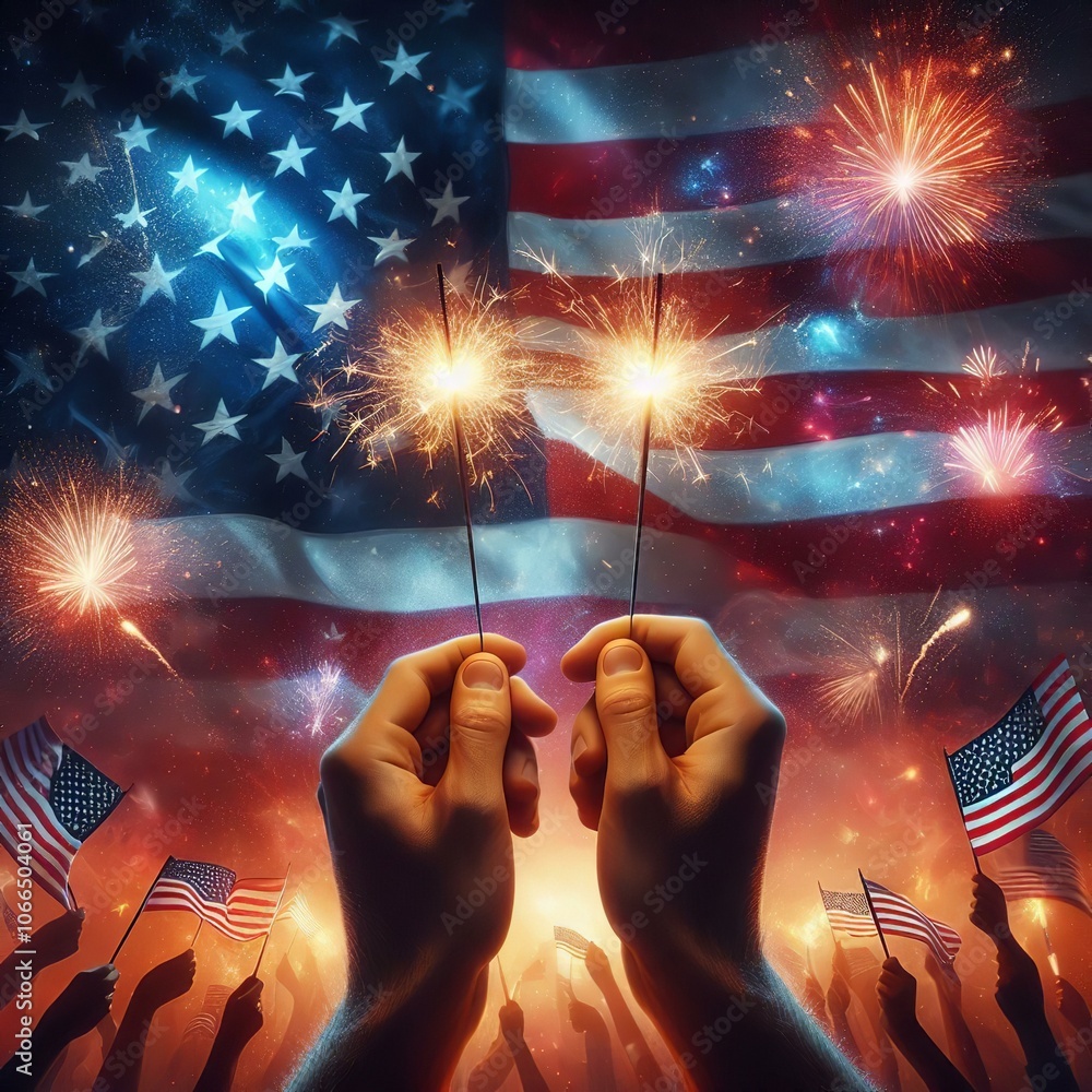 Hands Holding Sparklers with Fireworks and Flag | Celebrating ...