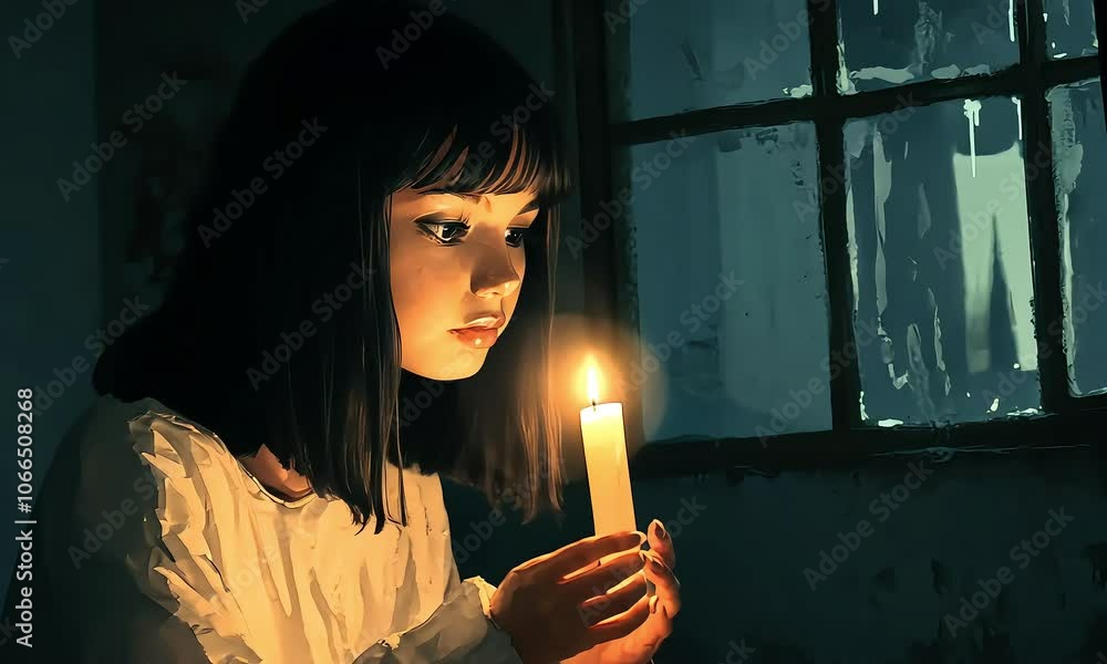 Girl Holding Candle in Dark Room by Window illustration cartoon with ai ...