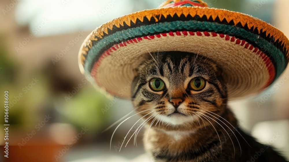 Mexican cat wearing a traditional sombrero hat adds a playful touch to ...
