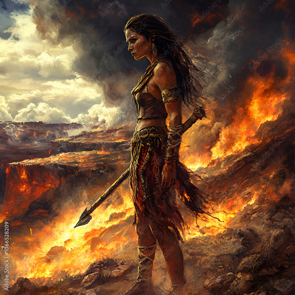 Warrior Woman in Fiery Battle Scene, Battle-Worn Warrior Amid Flames ...