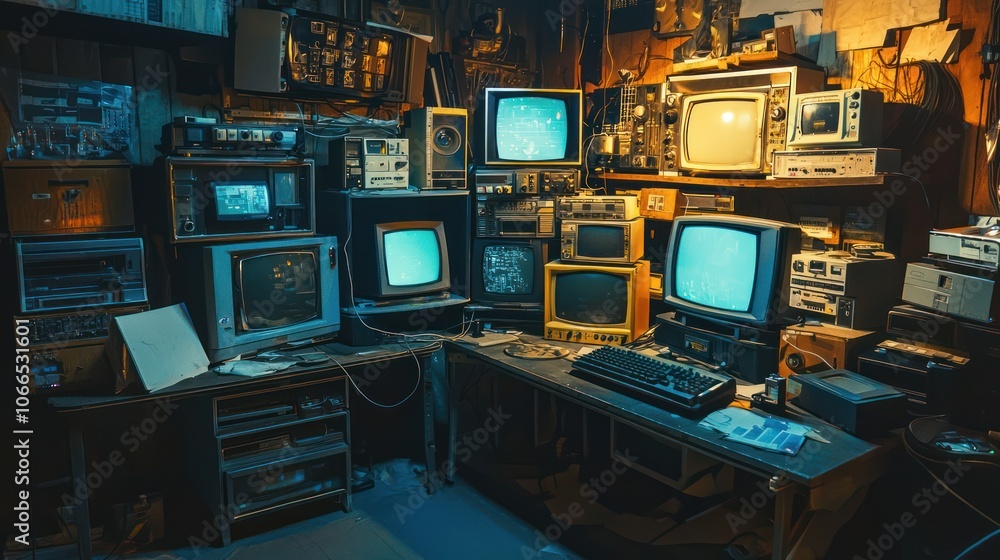 Photo & Art Print a vintage CCTV monitor room with older technology ...