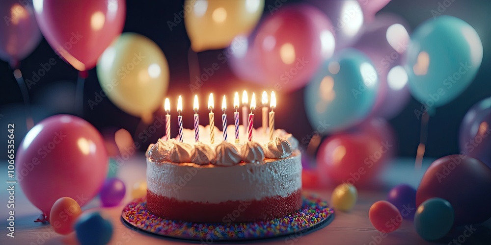 Celebration of a birthday featuring a cake, lit candles, and colorful ...