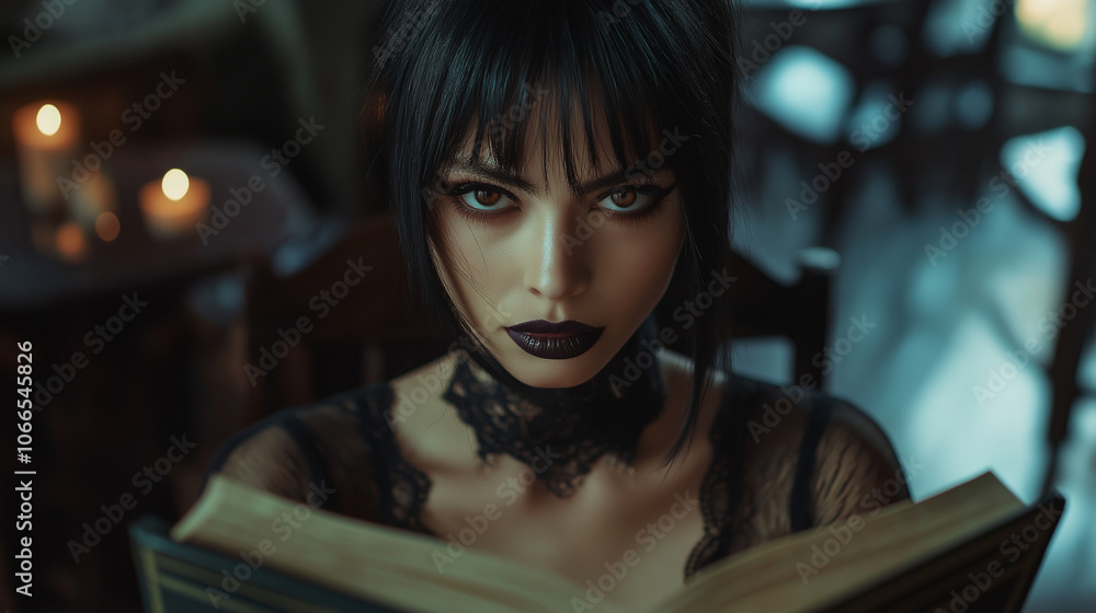 Gothic woman with smooth black hair and dark lipstick sitting alone in ...