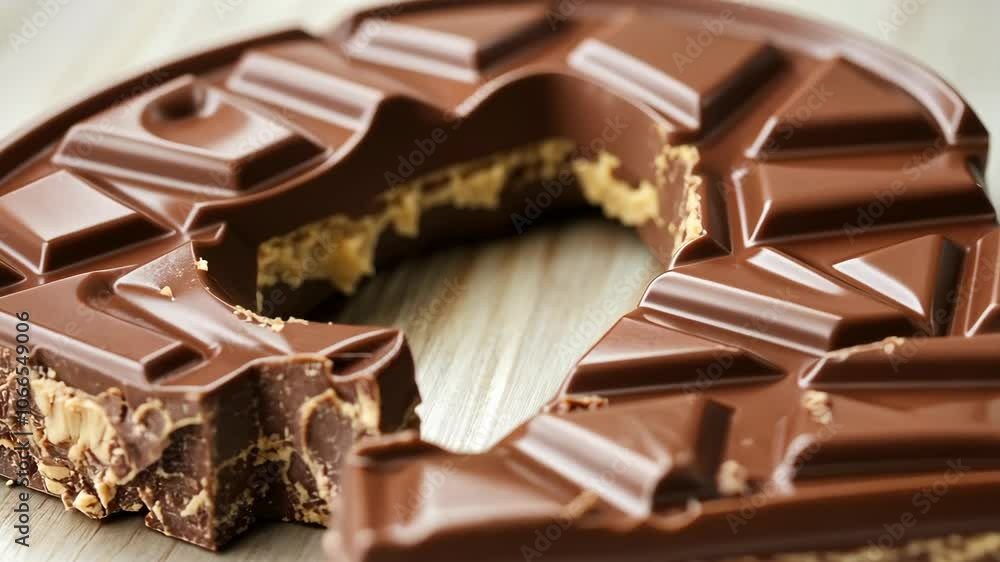 A close-up of a chocolate bar with a bite taken out, showing the creamy ...