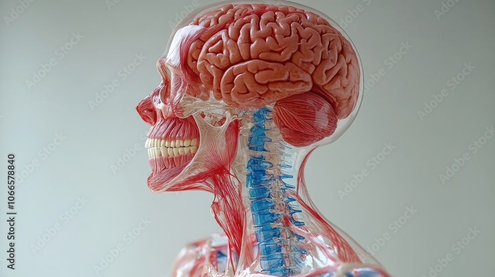 Anatomical model of a human head and neck showing the brain, spine ...