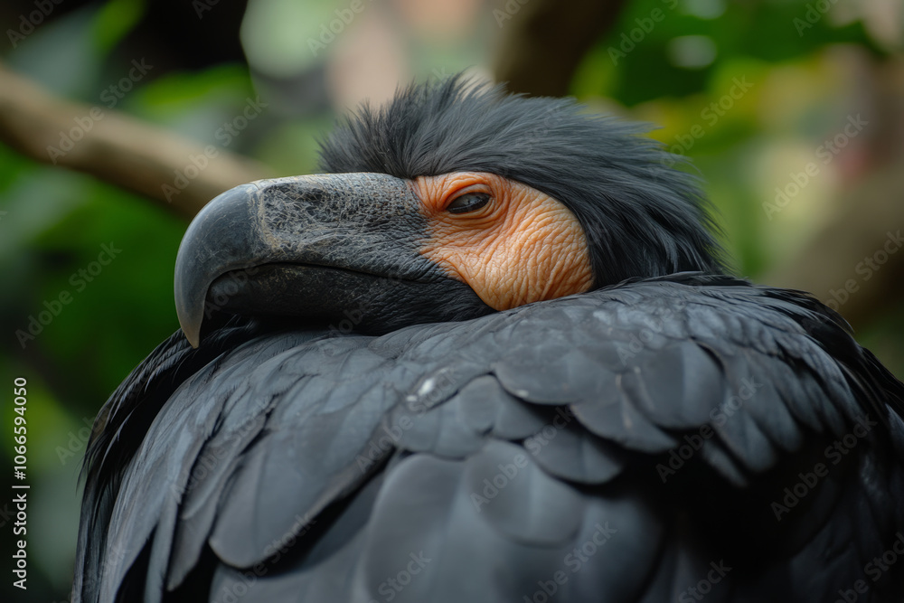 A large black vulture with a long beak, resting on a branch in a zoo ...
