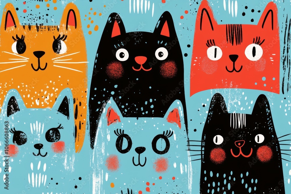 Cute and happy cartoon cat pattern with lots of cats of different ...