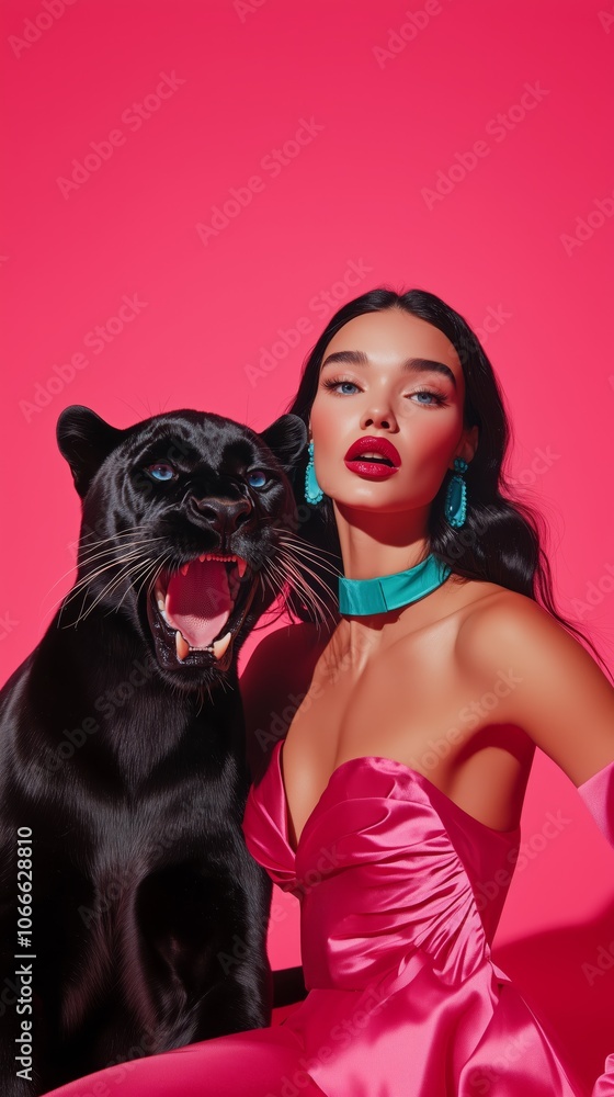 Stylish model in pink gown poses with a fierce black panther against a ...
