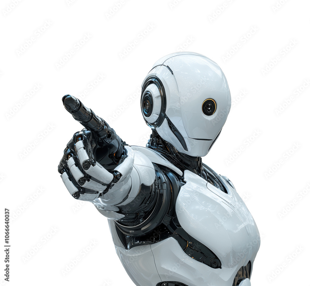 Retro-style robot pointing finger forward, metallic android with rounded features, classic ...