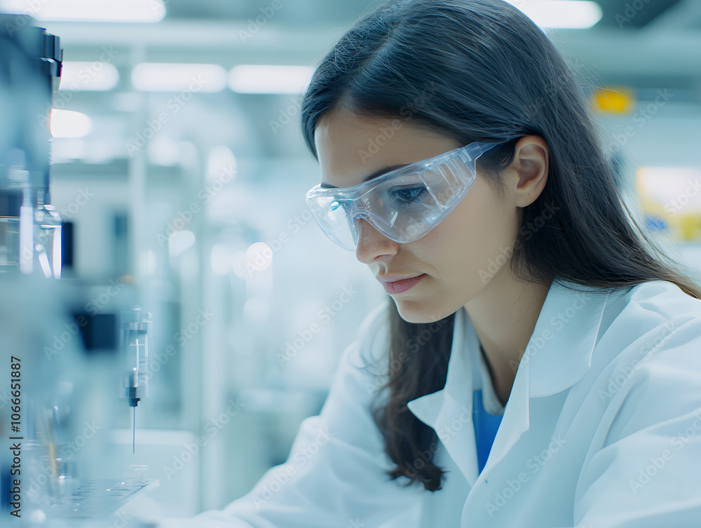technician in lab wearing safety goggles and lab coat, focused on ...