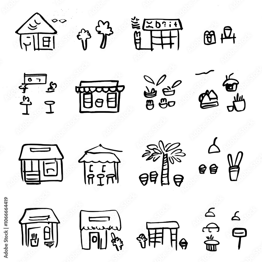 Drawings of stores, shops, restaurants, cafes, and bars. Modern doodle ...