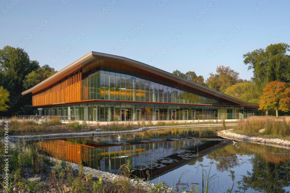 Modern community center with glass walls and solar panels surrounded by ...