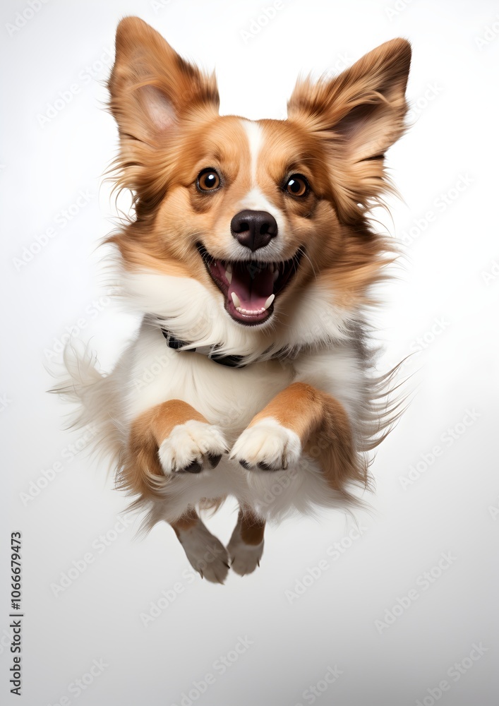 A happy dog is seen jumping mid-air with its fluffy fur bouncing and a ...