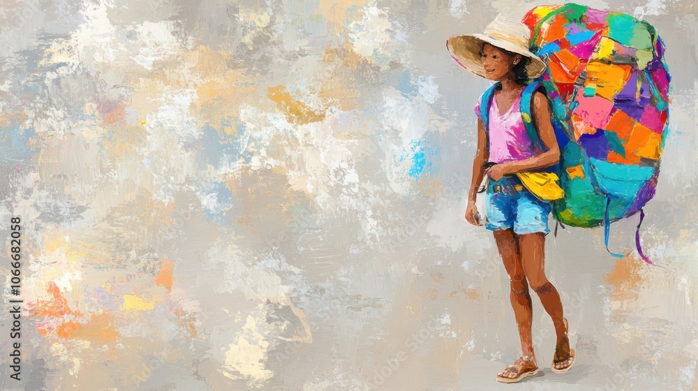 A girl stands confidently with a vividly colored backpack, poised to ...