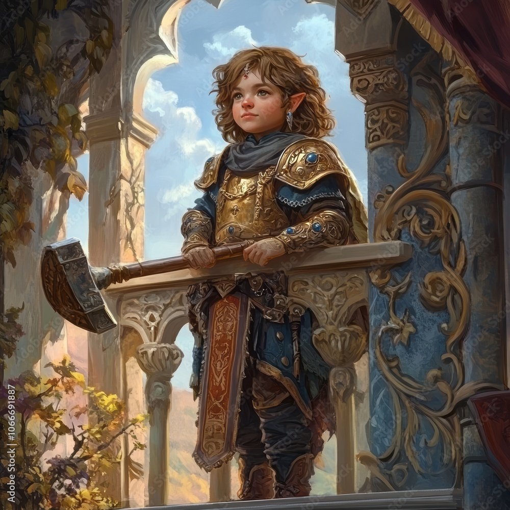 realistic gnome paladin portrait with brown hair and with big maul ...