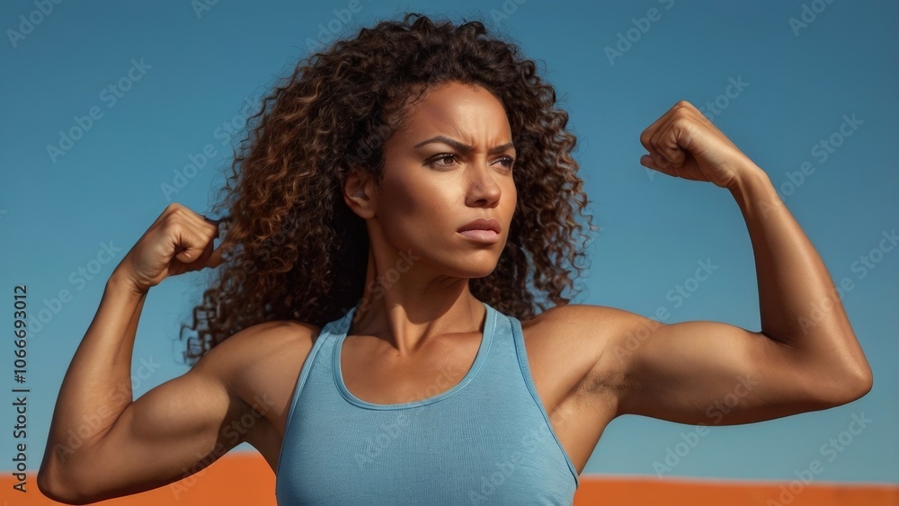 Athletic woman flexing arms outdoors, showing defined muscles and ...