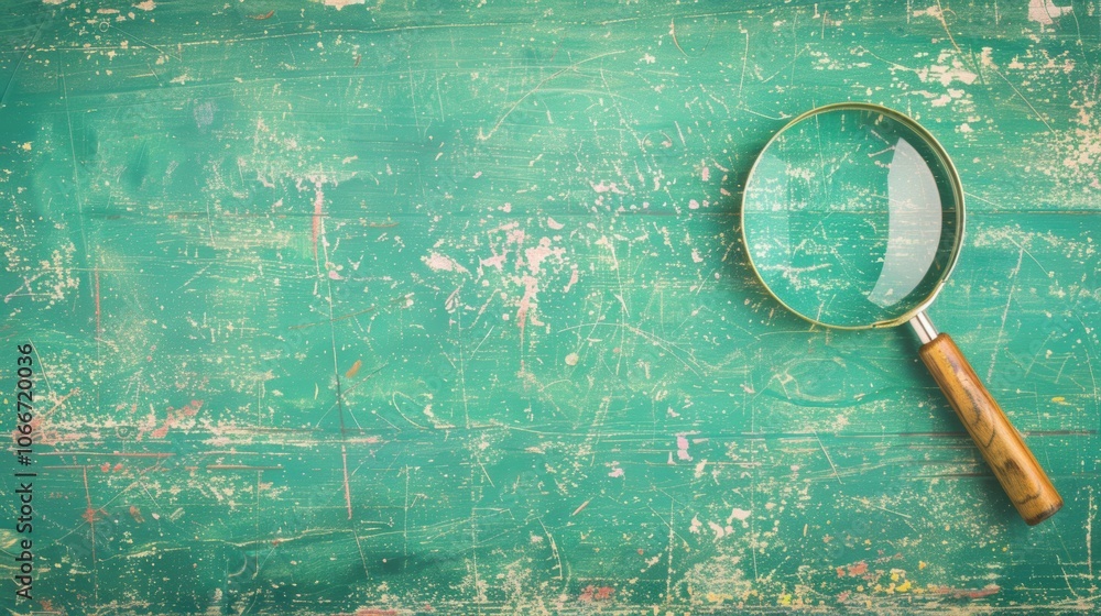 The magnifying glass is positioned on a worn green chalkboard ...