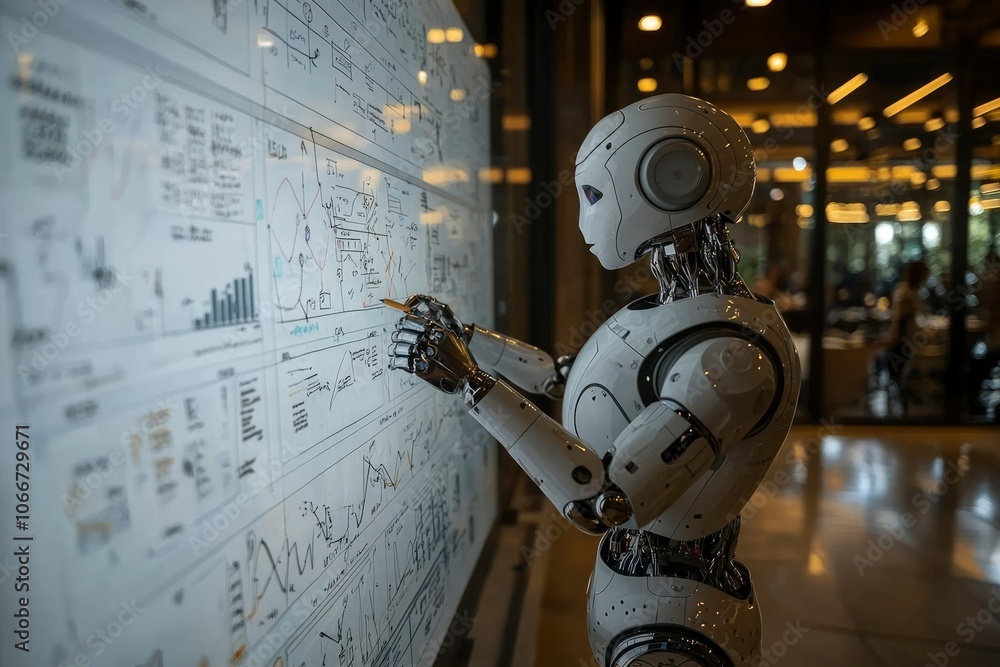 A humanoid robot writing on a whiteboard with diagrams and graphs Stock ...
