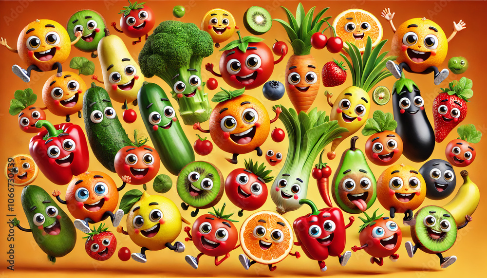 A cheerful display of animated fruits and vegetables with smiley faces ...