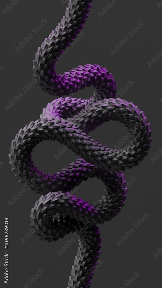 looping 3d vertical video. Abstract animated black snake illuminated ...