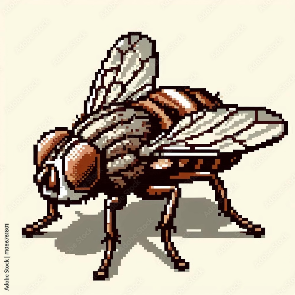 Close-up view of a digitally rendered fly, highlighting the pixelated ...