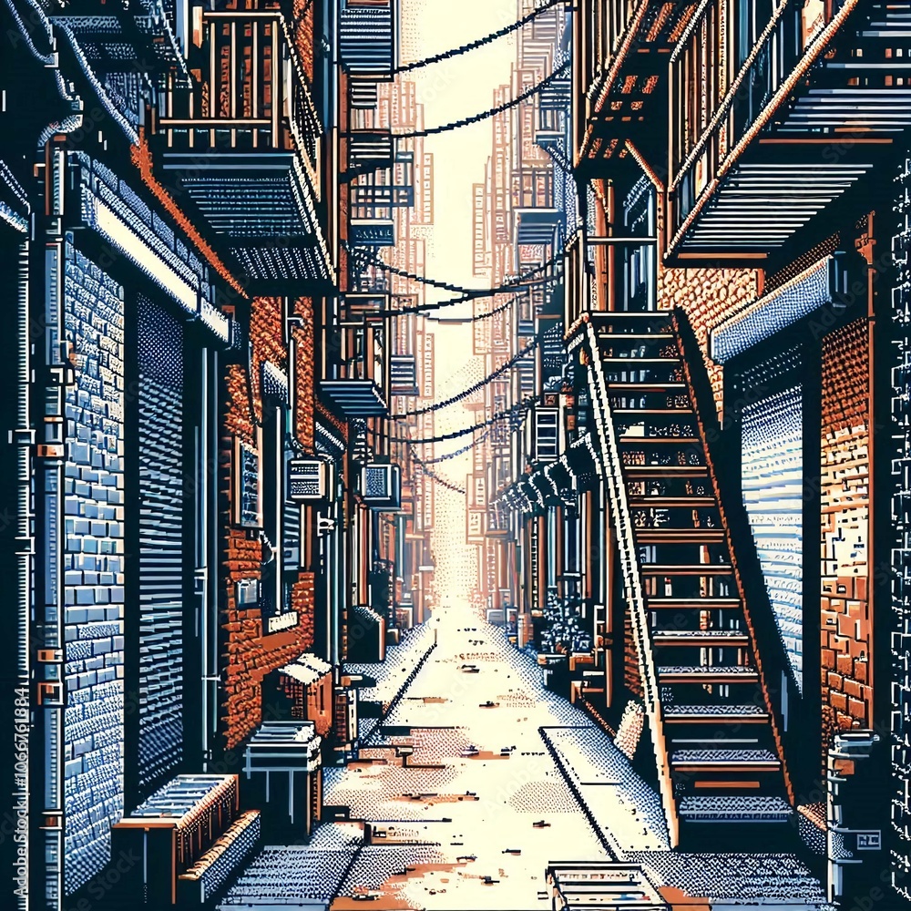 Pixelated alleyway, showcasing the architectural details of the ...