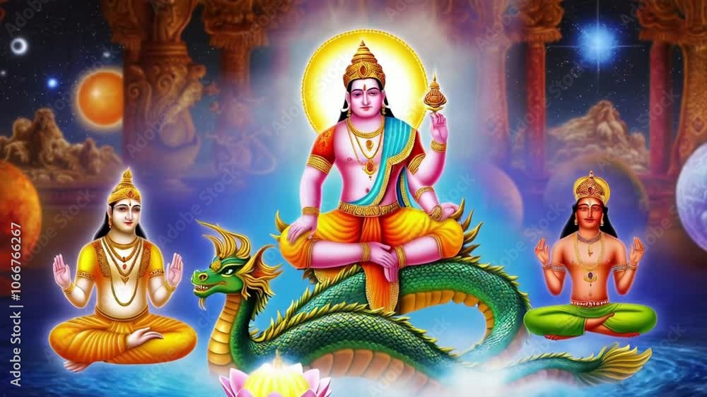 Lord Vishnu sits on a huge dragon, Lord Brahma has four faces, and Lord ...