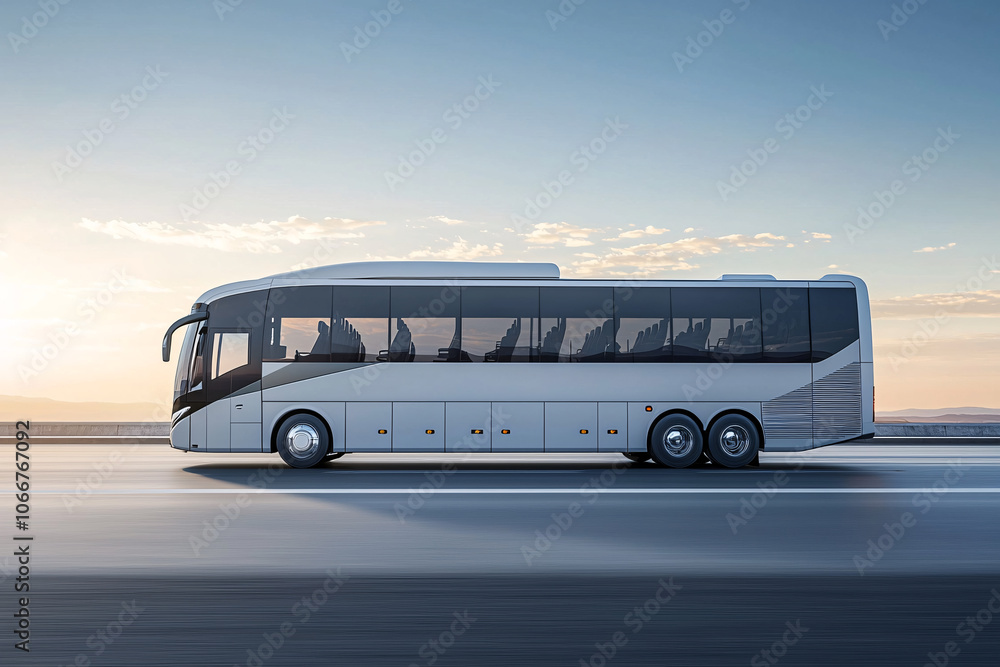side view of modern tourist bus driving over sunset background. Travel ...