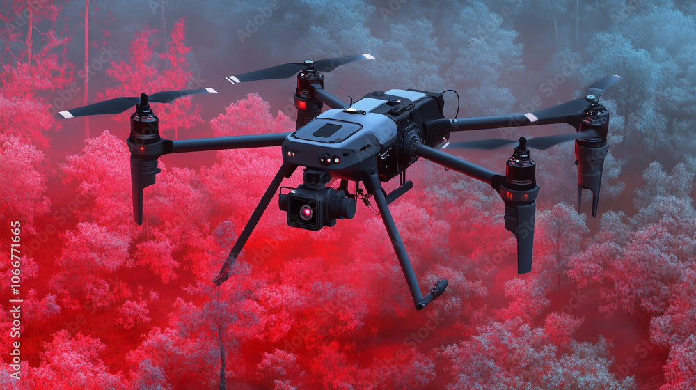 Search and rescue drone scanning wilderness area with thermal camera ...