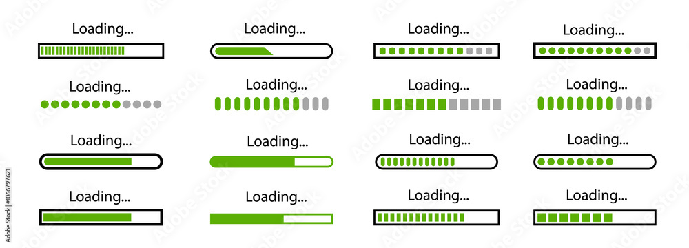 Loading bar icons. Set loading bar progress icon. Loading status on white background. Vector ...