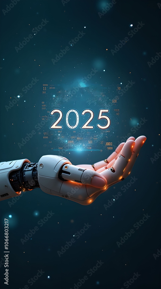 Happy New Year 2025. Robotic hand holding 2025 Artificial Intelligence ...