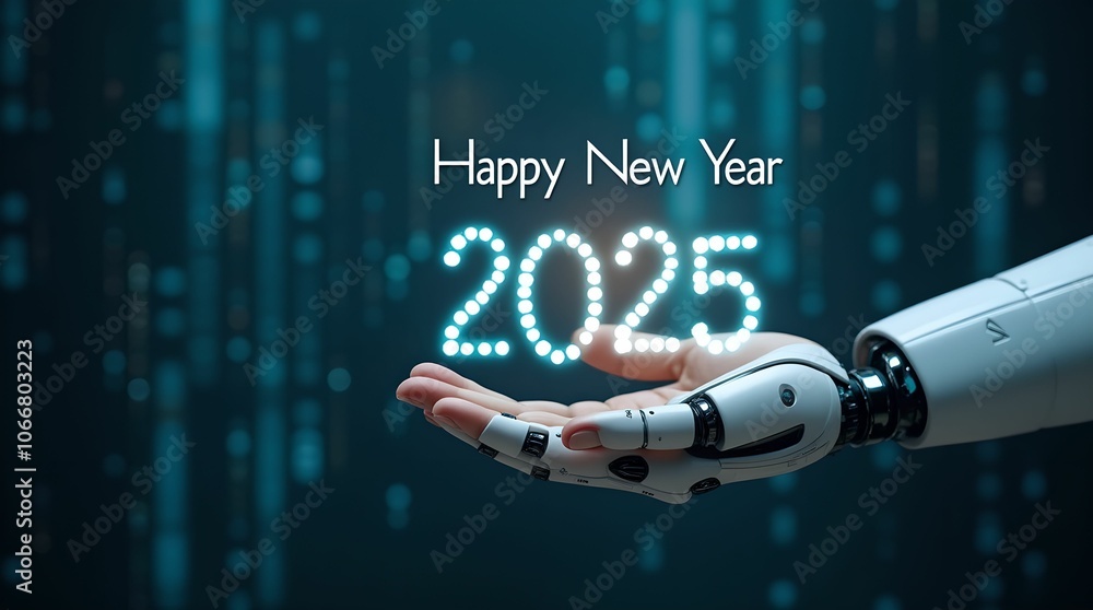 Happy New Year 2025. Robotic hand holding 2025 Artificial Intelligence ...