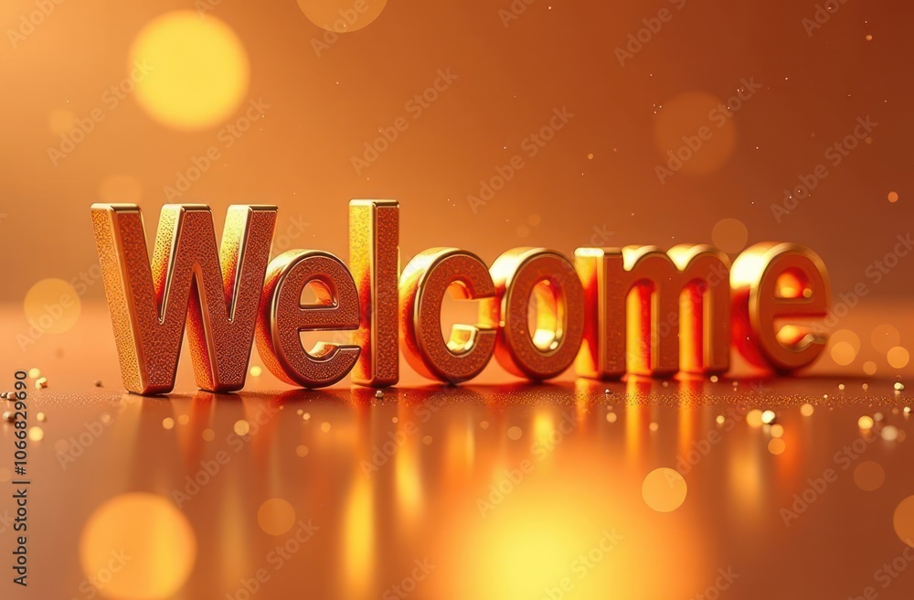welcome in golden letters on blurry orange background with bokeh effect ...