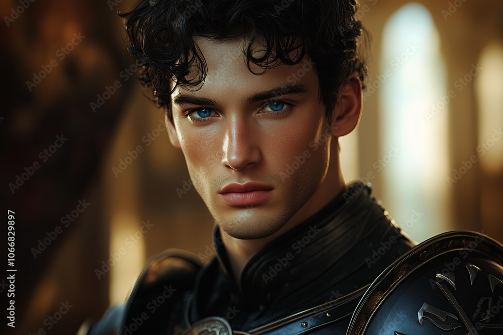 young fantasy man with dark, curly hair and blue eyes, wearing black ...