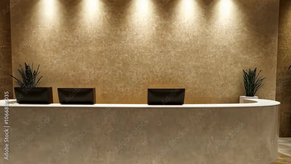 A curved reception desk with three monitors sits under three spotlights ...