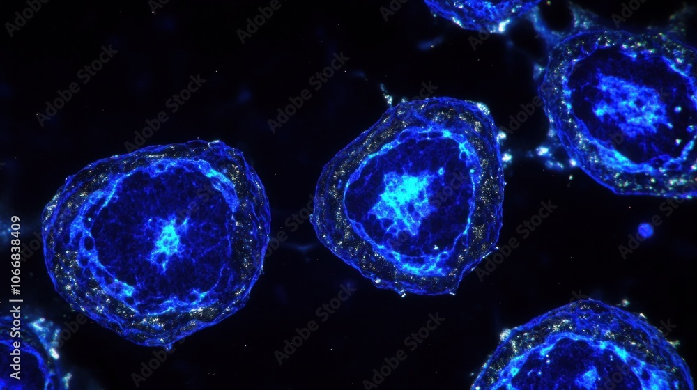 Cluster of vibrant blue stem cells, representing advanced research in ...