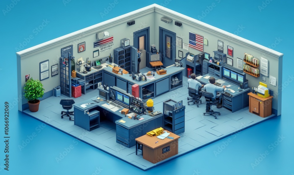 Isometric police station with desks, officers, and holding cells ...