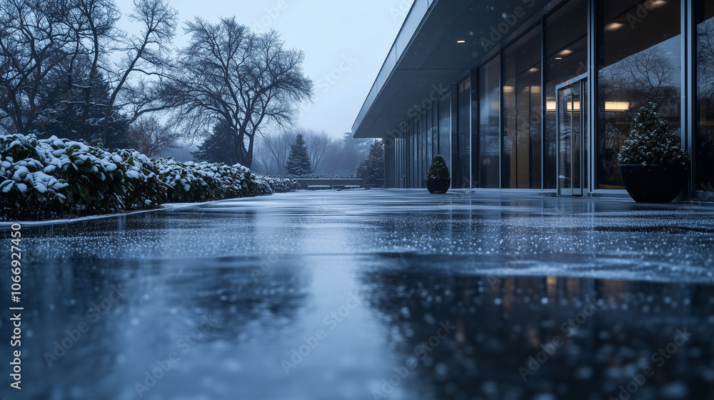 An icy walkway in front of a building entrance, with frost on the ...
