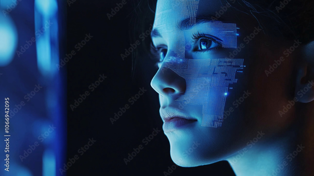 Human face on computer screen of biometric system in dark room or lab ...