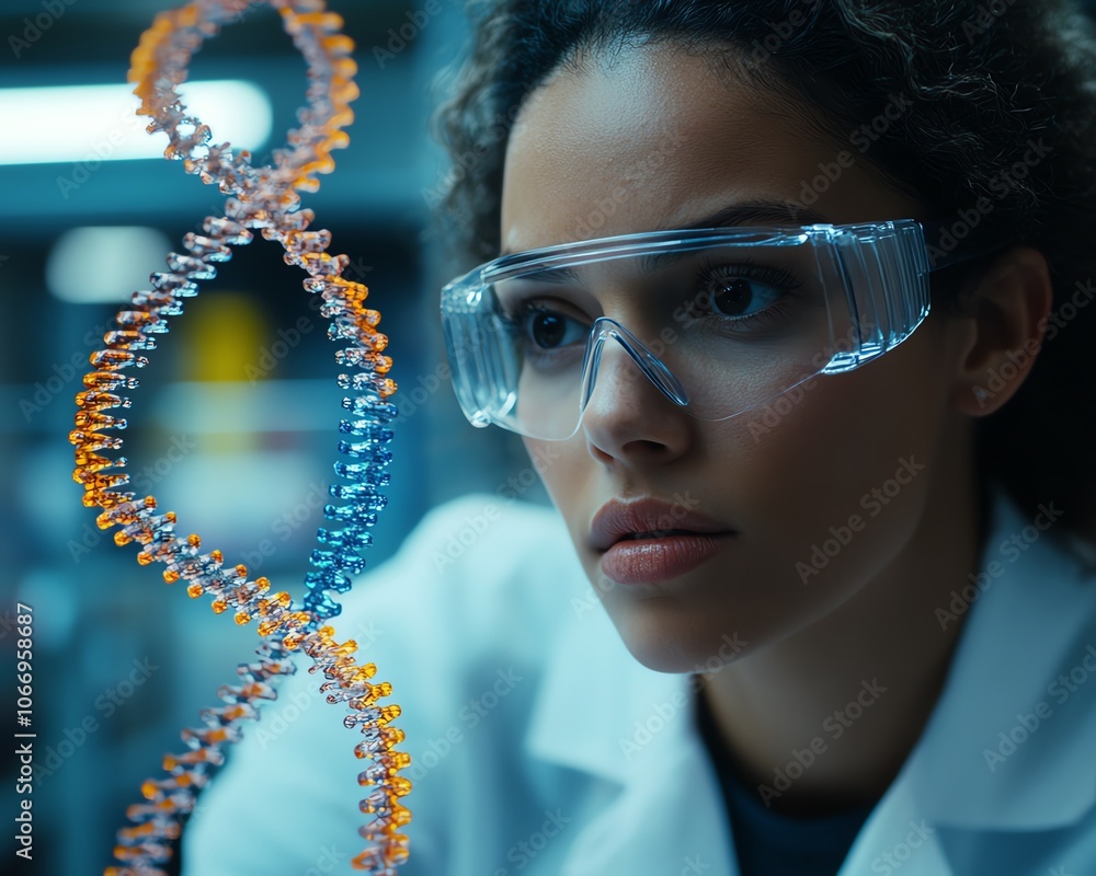 A female scientist in a lab coat and safety goggles carefully examining ...