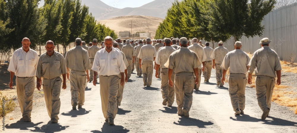 Group Of Prisoners In Uniform Walking Outside In Line Formation ...