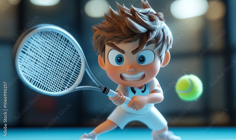 Cartoon tennis player serving with a comically large racket and a ...