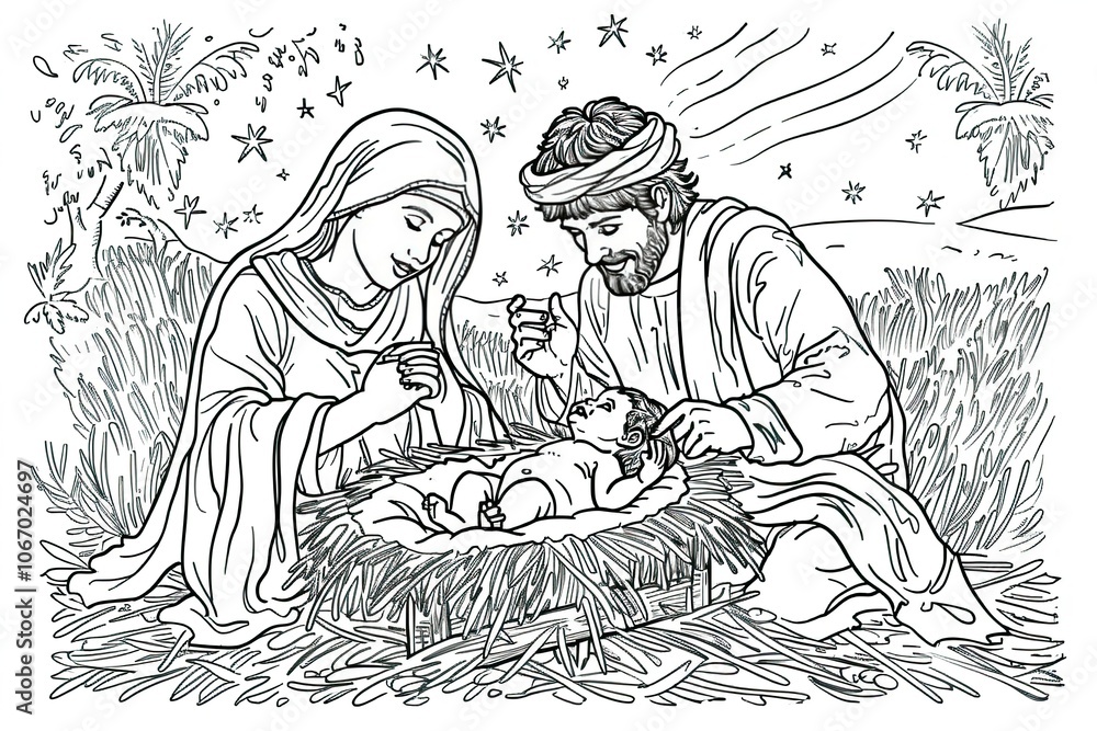 Simple Nativity scene with Mary, Joseph, and baby Jesus in a manger ...