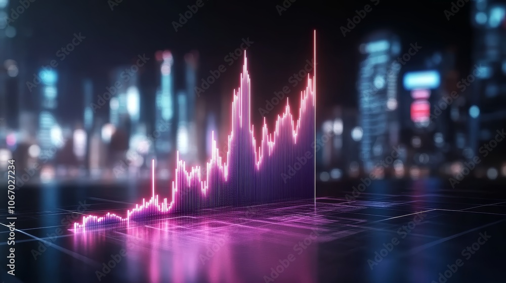 Neon chart illuminating the cityscape, a visualization of urban data ...