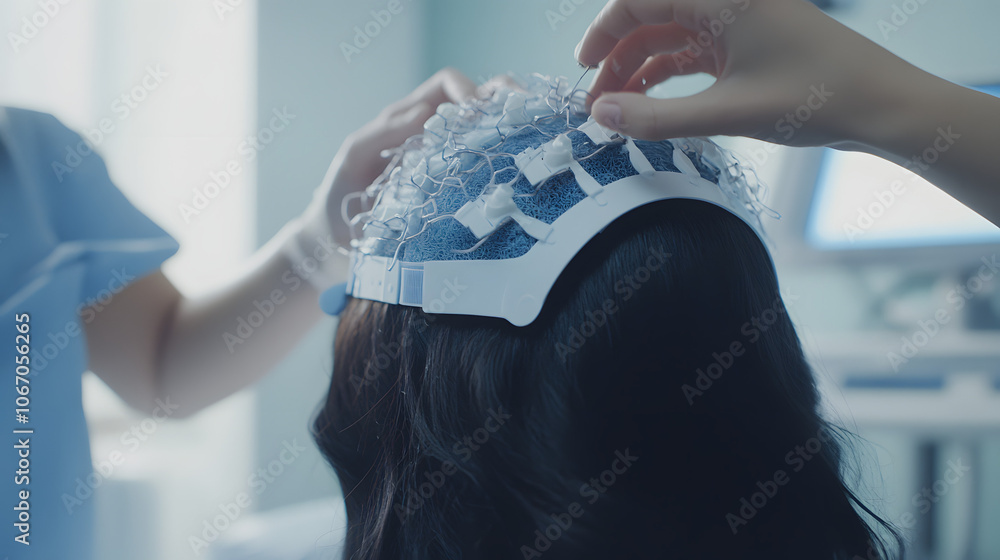 Detailed view of neurological testing equipment, with an EEG cap being ...