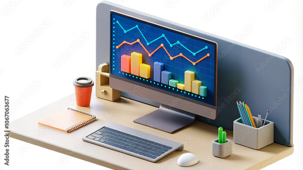 Data analyst's desk in a modern office, with a large ultra-wide monitor ...