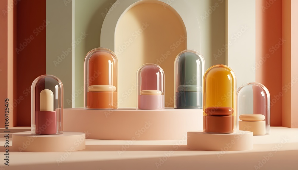 Stylish arrangement of colorful capsules under glass domes, showcasing ...