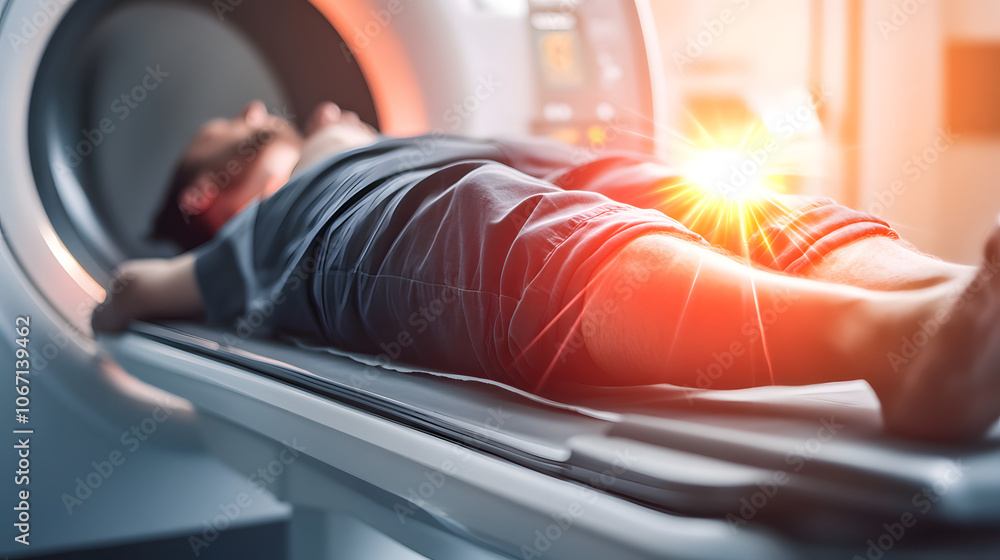 Neurological testing equipment: MRI scanner with a patient lying down ...